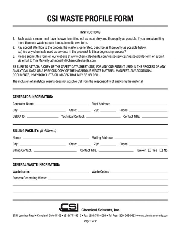 Waste Profile Form – Chemical Solvents, Inc.